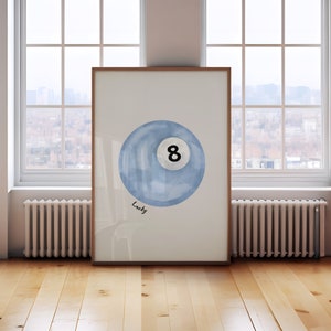 Lucky 8 Ball Wall Art, Vintage Pool Ball Print, Sky Blue Pool Ball ...