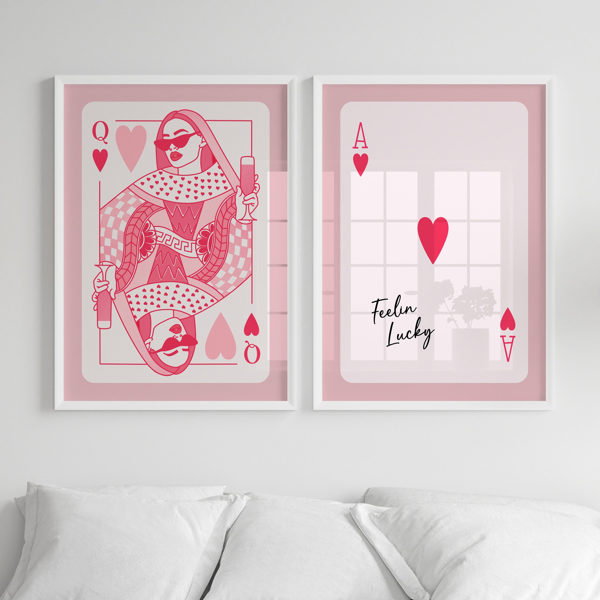 Playing Card Posters Set of 2, Pink Queen of Hearts Lucky Ace Wall Art ...