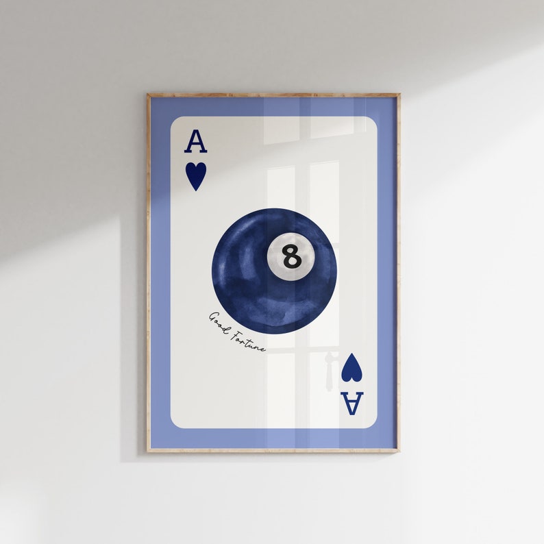 Vintage Pool Ball Print, Lucky Blue 8 Ball, Playing Card Wall Art ...