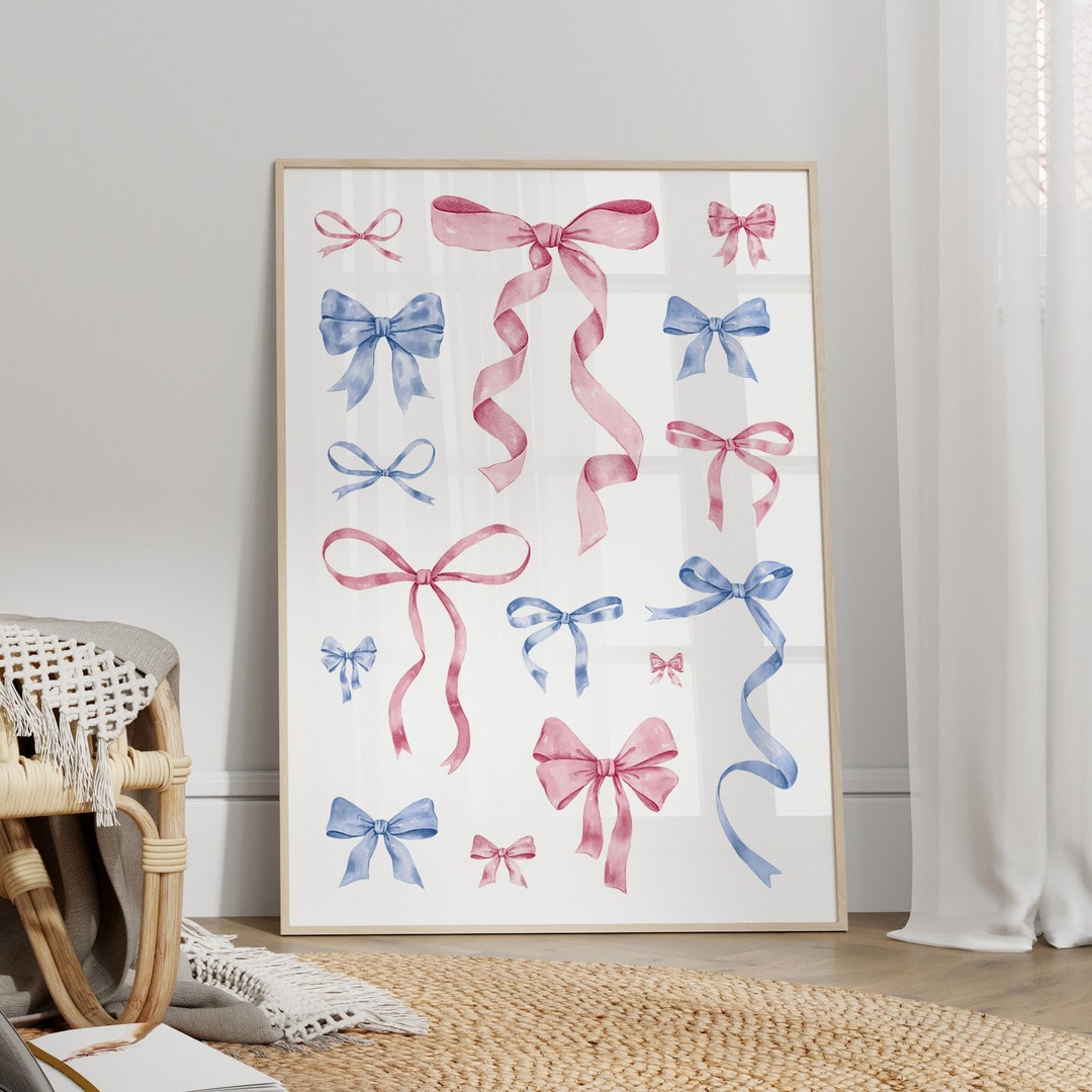 Vintage Pink & Blue Ribbon Bow Wall Art, Watercolor Bows Coastal Wall ...