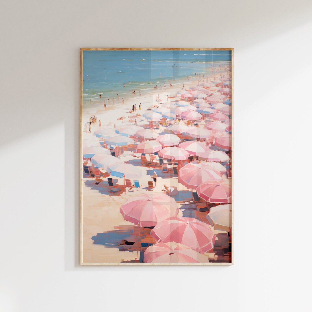 Vintage Beach Poster Print, Abstract Coastal Art, Pink Wall Art, Girly ...