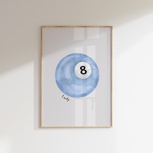 Lucky 8 Ball Wall Art, Vintage Pool Ball Print, Sky Blue Pool Ball ...