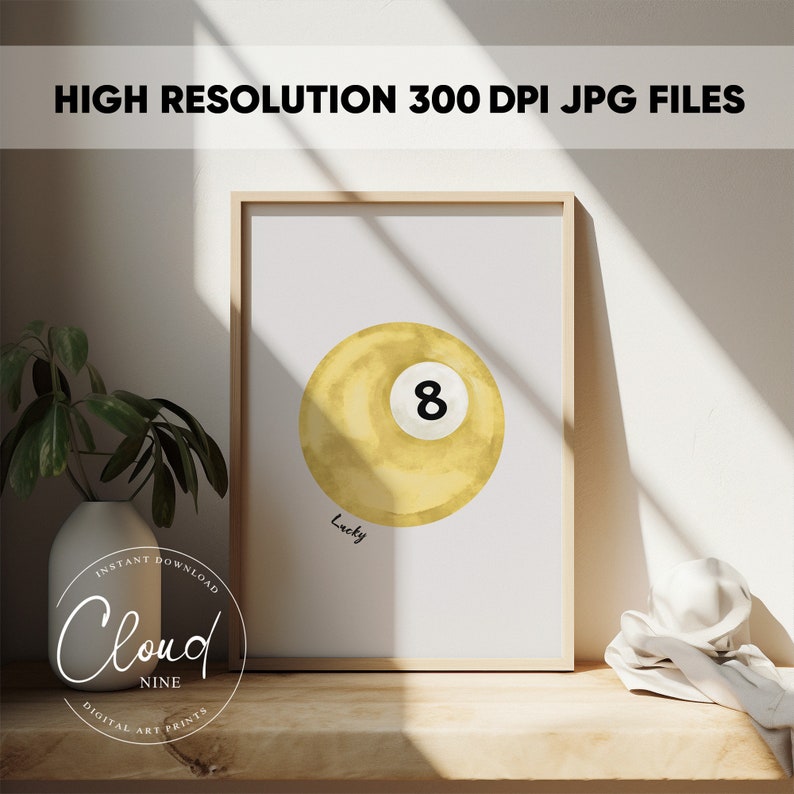 Lucky 8 Ball Wall Art, Vintage Pool Ball Print, Yellow Pool Ball Poster ...