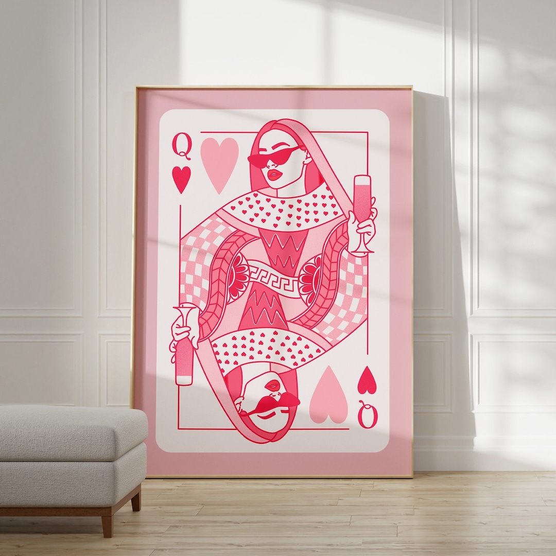 Pink Queen of Hearts Playing Card Poster, Champagne Cocktail Wall Art ...