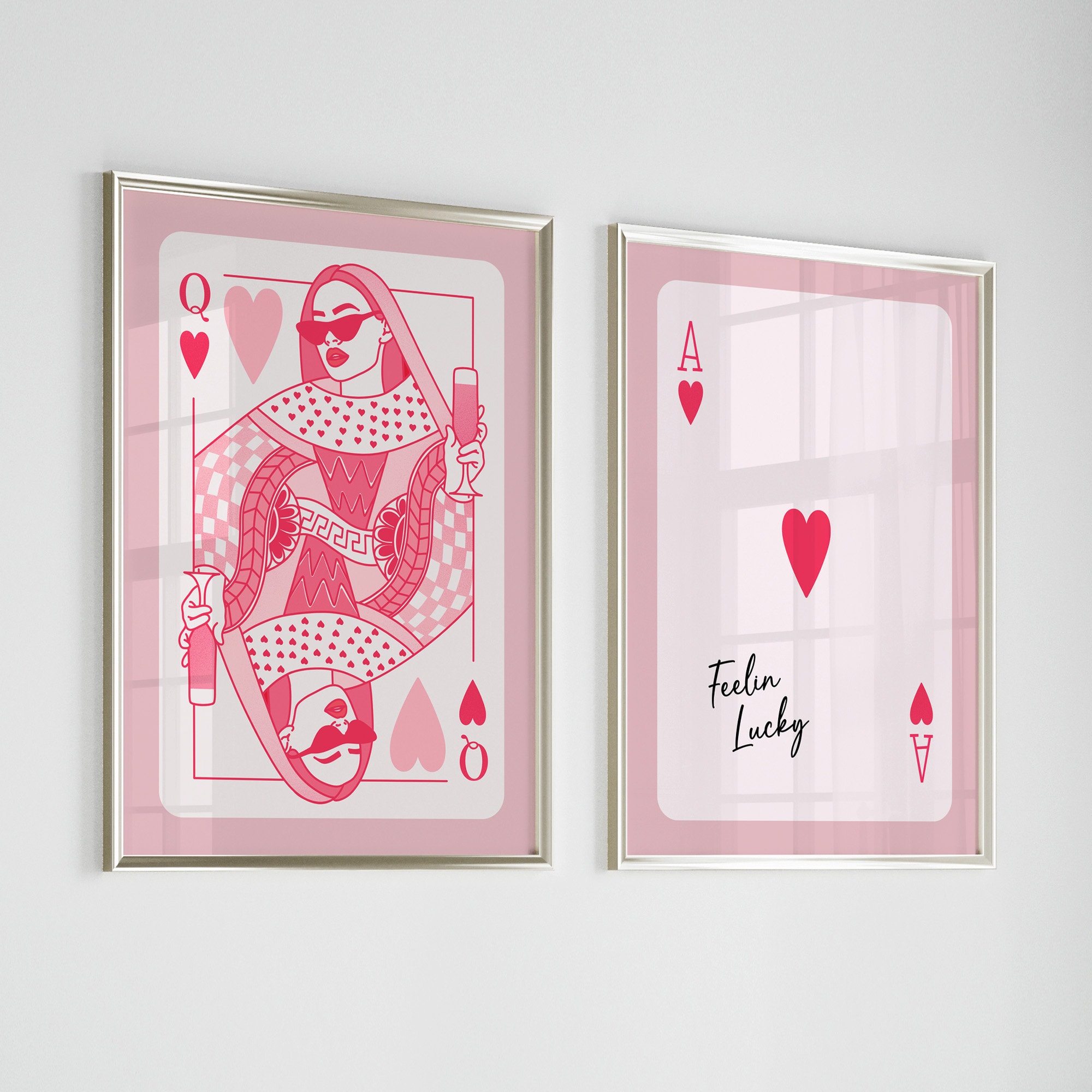 Playing Card Posters Set of 2, Pink Queen of Hearts Lucky Ace Wall Art ...