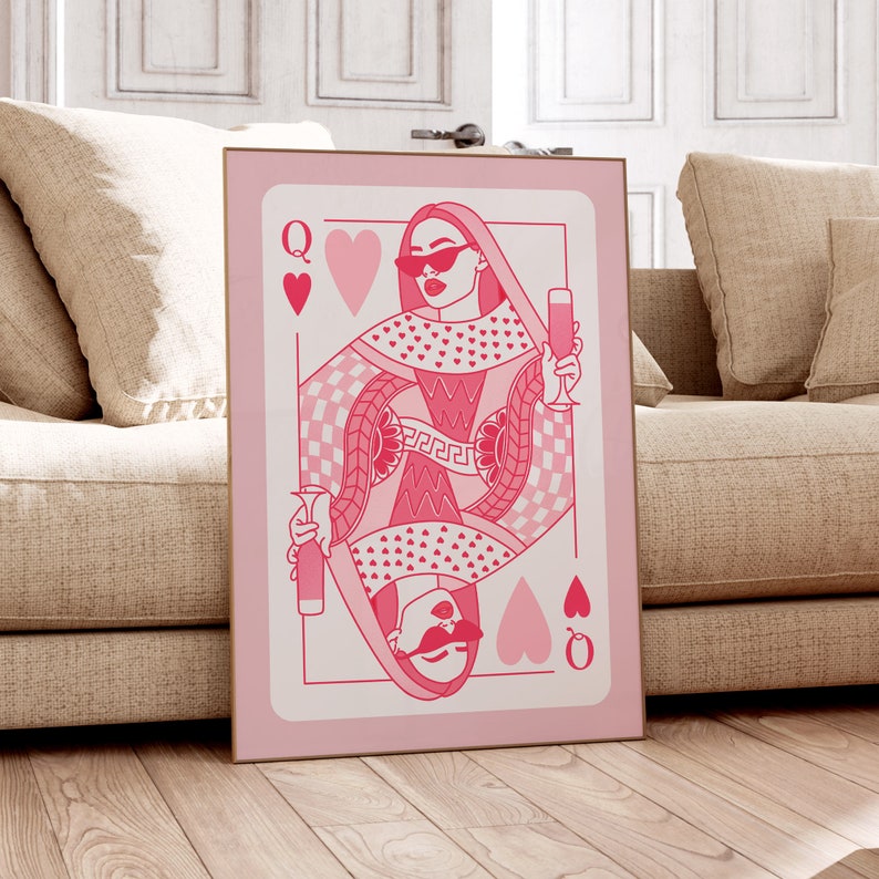 Pink Queen of Hearts Playing Card Poster, Champagne Cocktail Wall Art ...