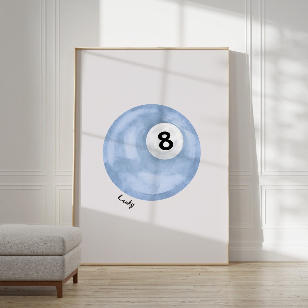 Lucky 8 Ball Wall Art, Vintage Pool Ball Print, Sky Blue Pool Ball ...
