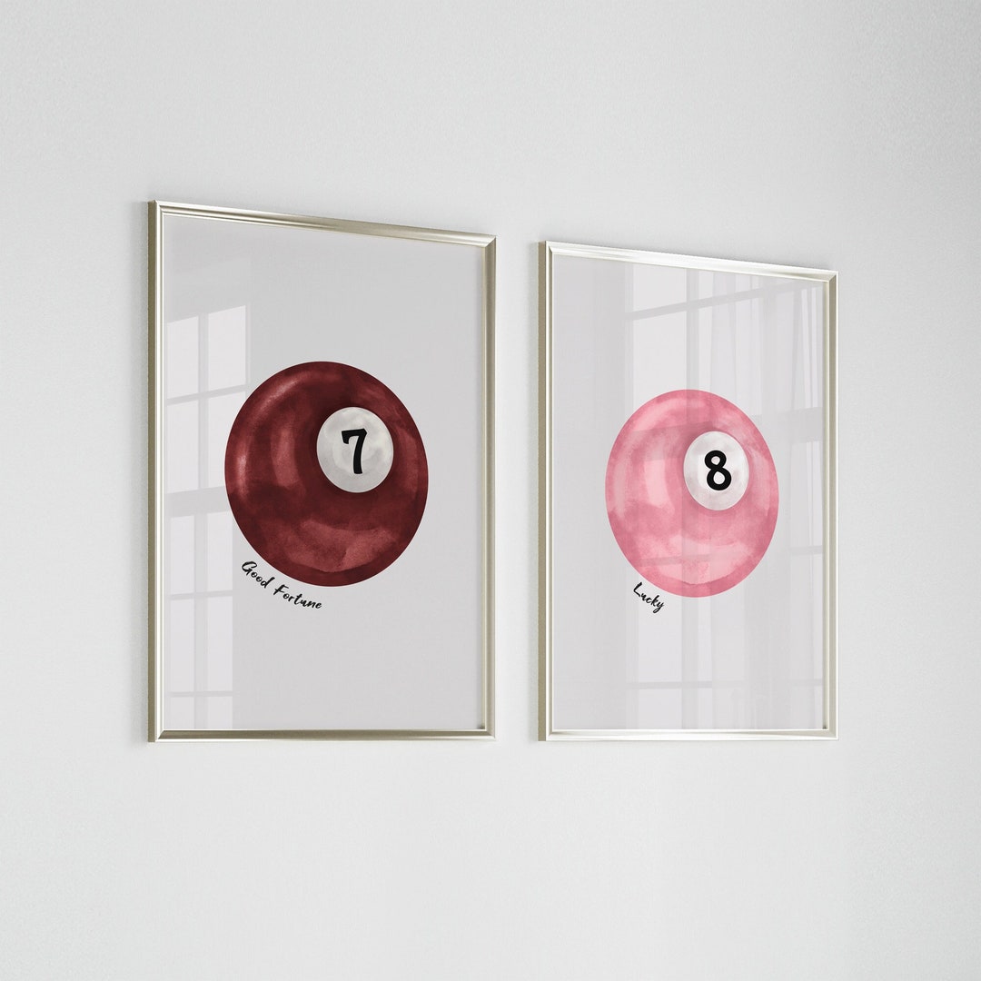Vintage Pool Ball Prints Set of 2, Lucky 8 Ball Wall Art, Retro Hand ...