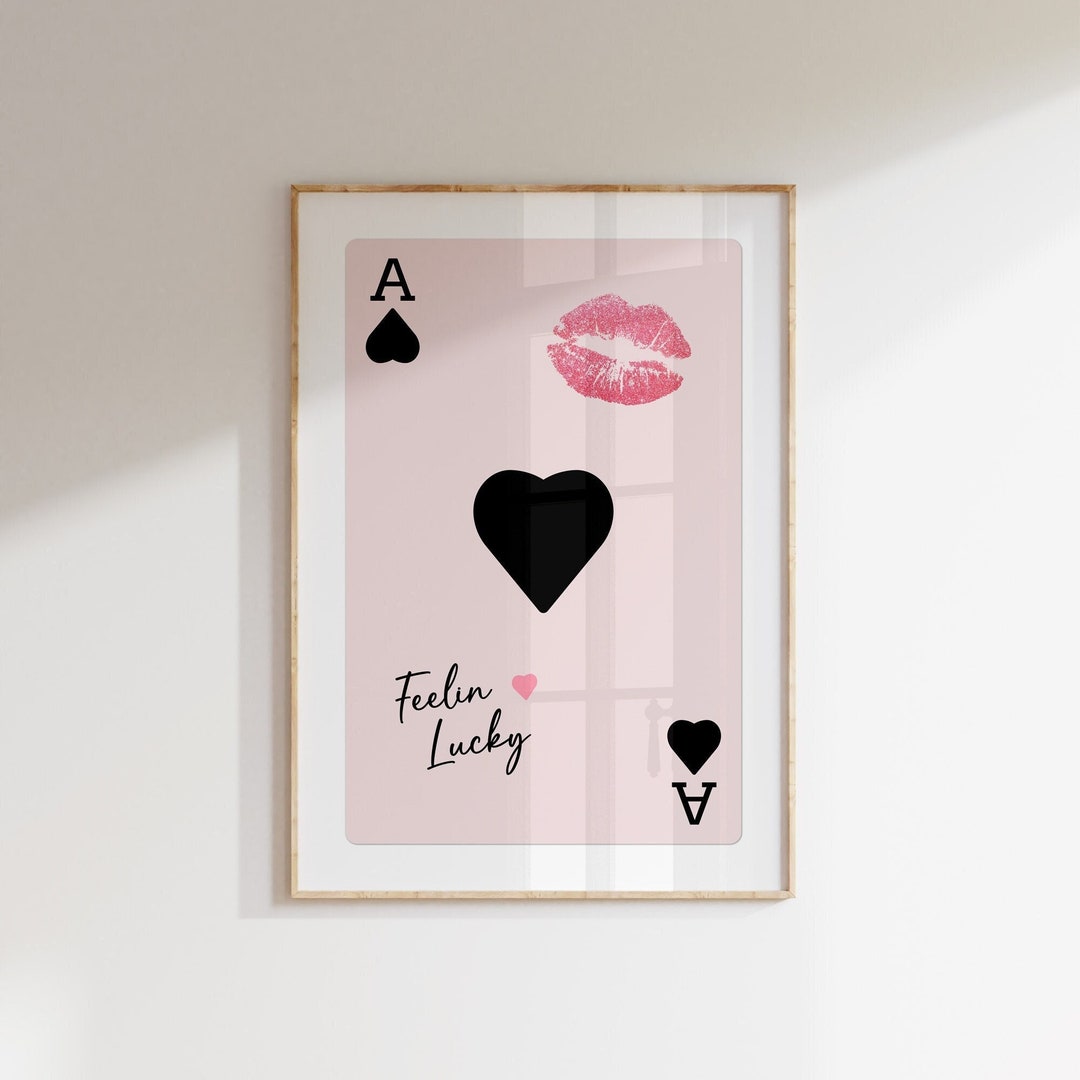 Pink Playing Card Poster, Lucky Ace of Hearts Wall Art Quote Print ...