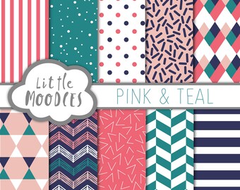 Plum City: 12 Digital Papers in Teal, Plum, Taupe, and White Patterns ...