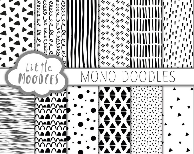Mono Doodles Digital Papers Black and White Patterns | Etsy