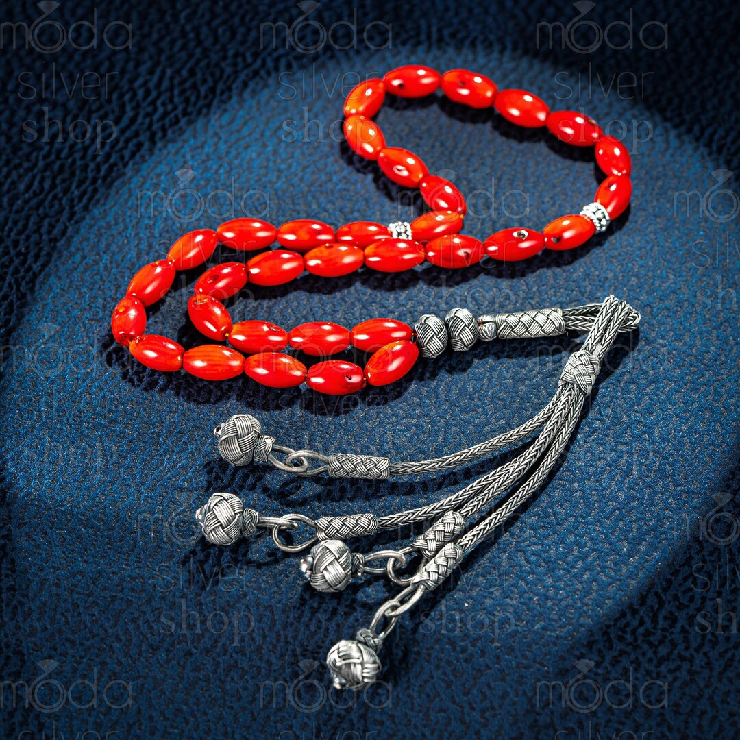 1000 Ct Silver Turkish Kazaz Rice Coral Islamic 33 Prayer Beads Tasbeeh ...