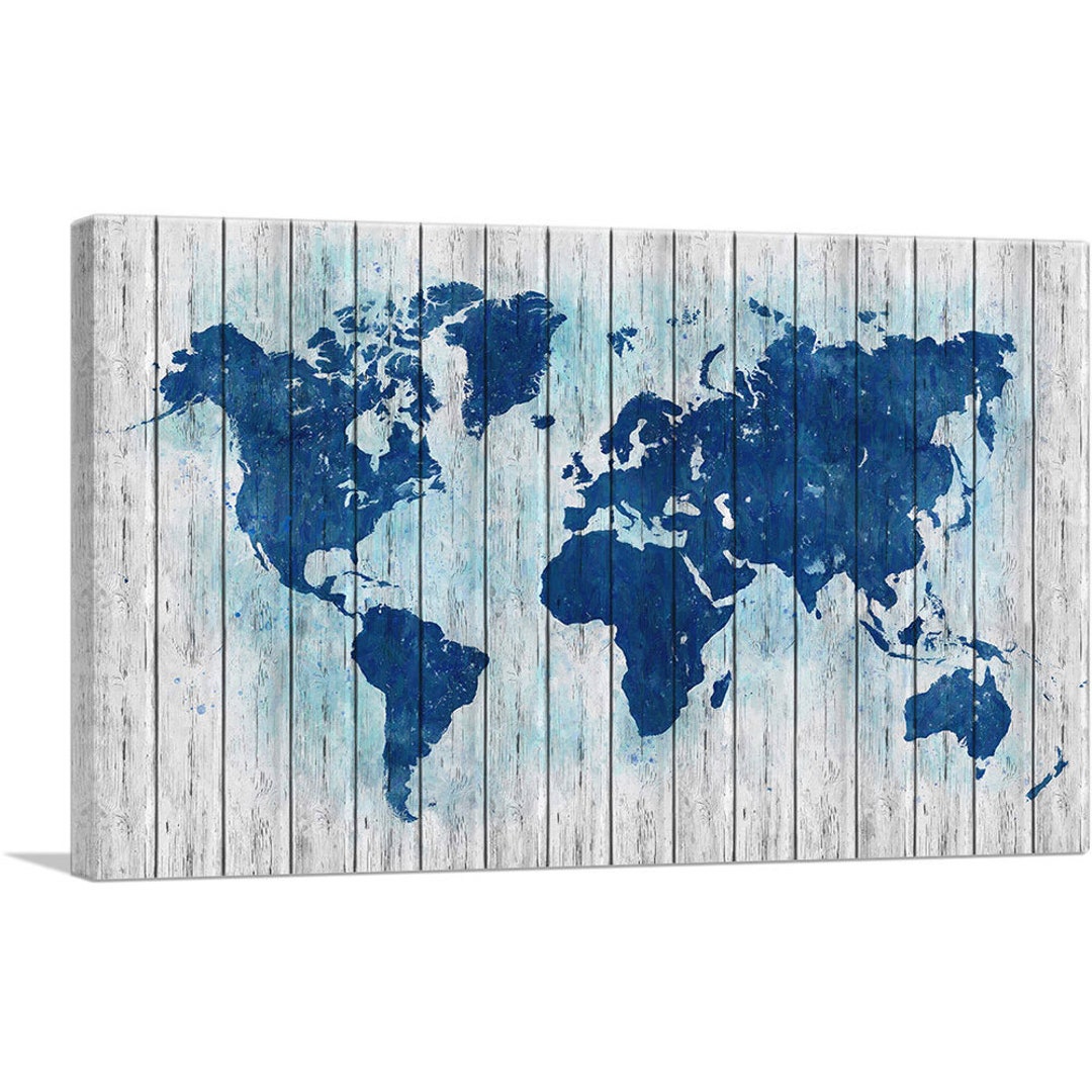 ARTCANVAS Navy Blue Gray World Map Canvas Art Print - Etsy