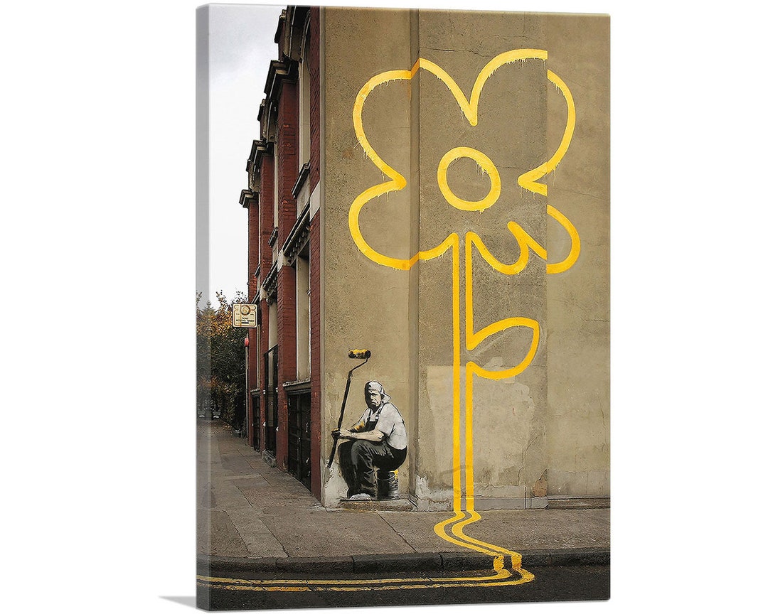 ARTCANVAS Yellow Lines Flower Painter by Banksy Canvas Art Print 26"x18 ...