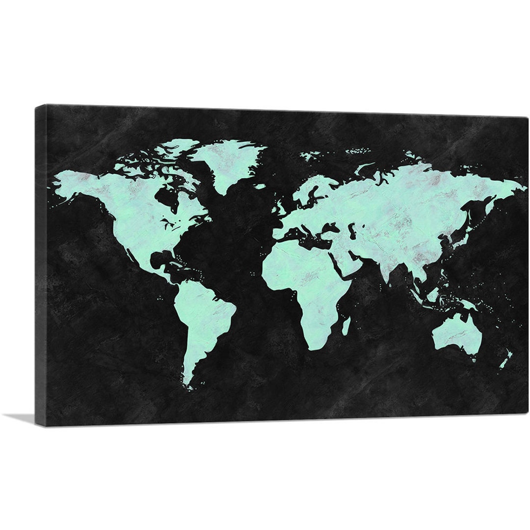 ARTCANVAS Teal Black World Map Canvas Art Print - Etsy