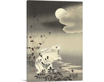 White Rabbit and Full Moon Art Print, Japanese Rabbit Painting, Antique ...