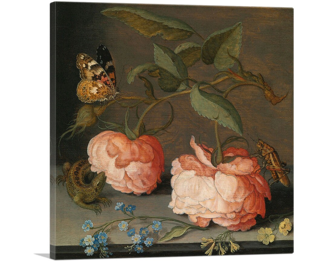 ARTCANVAS Still Life With Roses, Butterfly, and a Grasshopper by ...