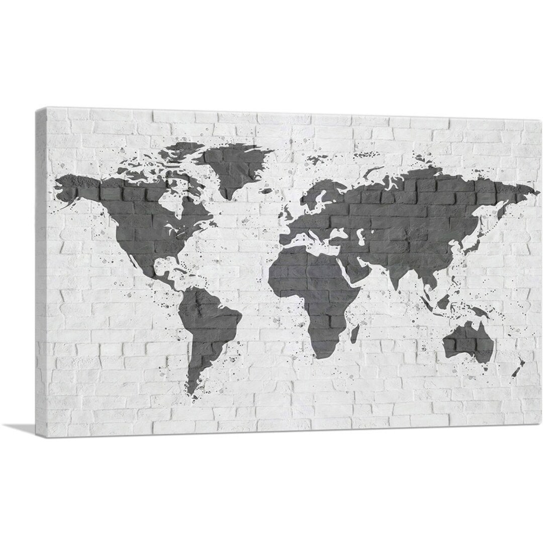 ARTCANVAS Dark Gray Printed White Brick World Map Globe Canvas Art ...