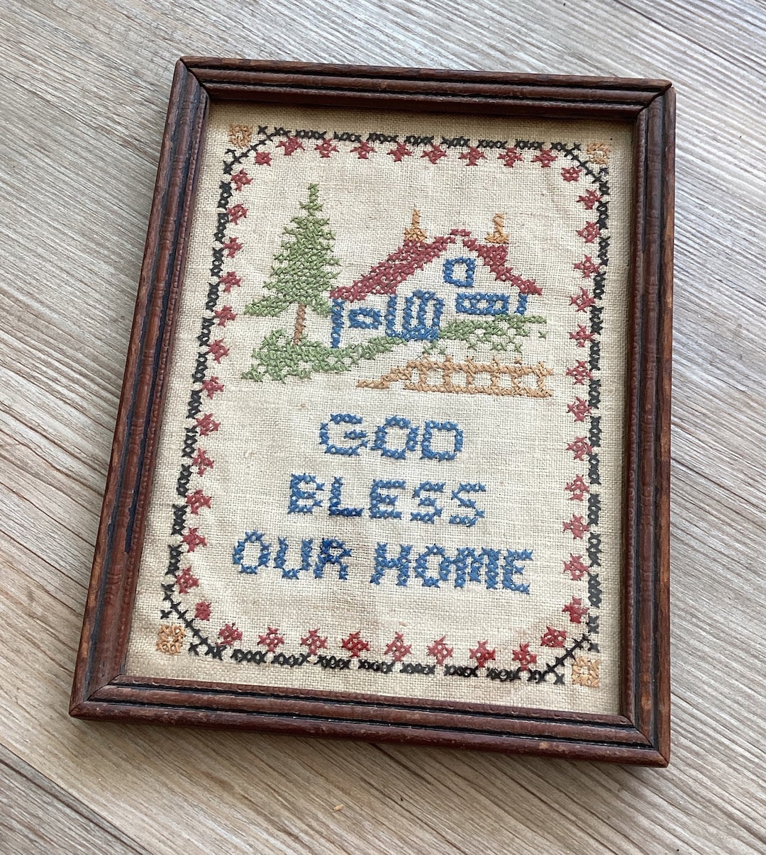 Vintage Motto Sampler, God Bless Our Home, Wood Frame, Hand Embroidered ...