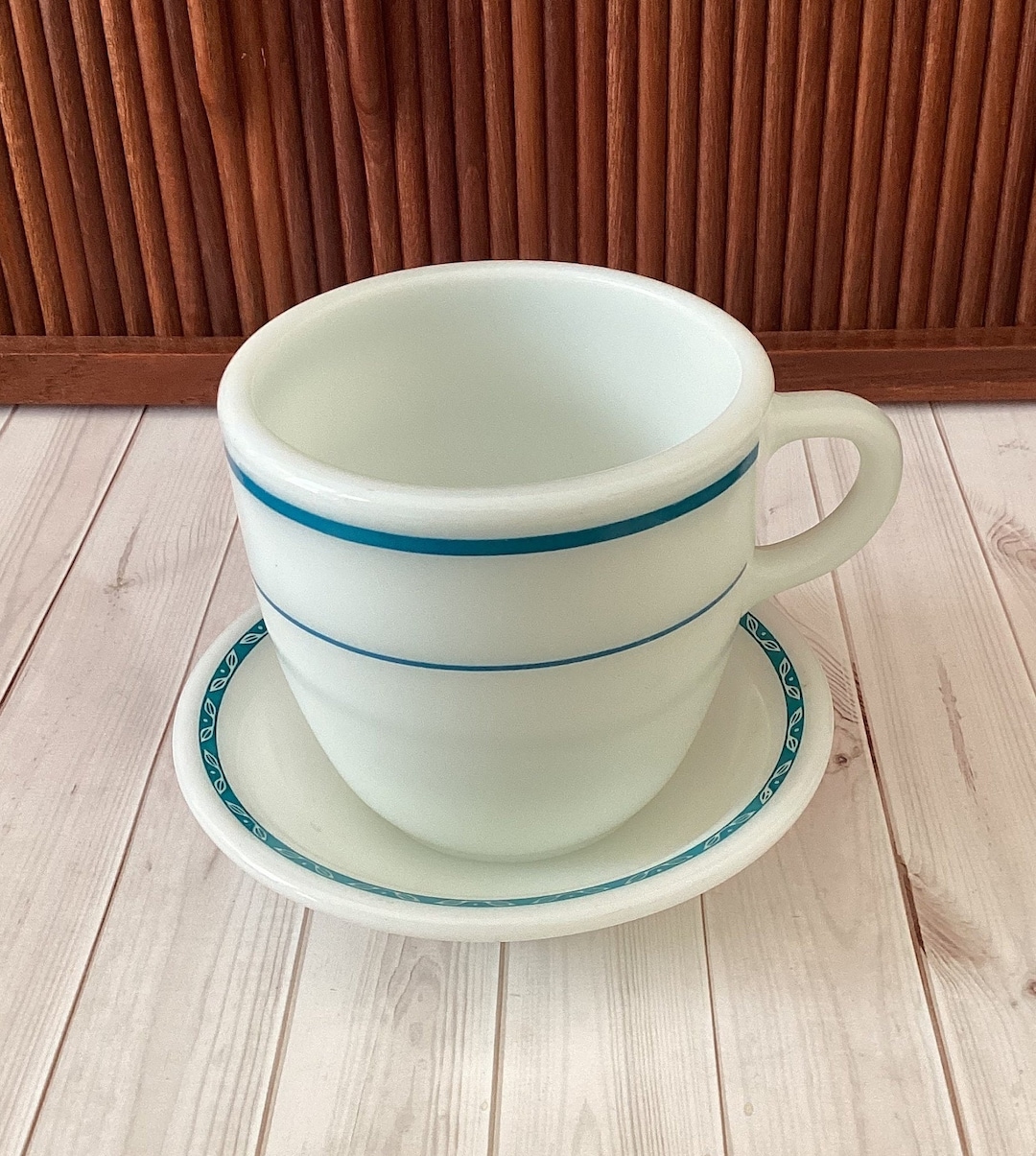 Vintage Pyrex Tableware Coffee Mug, Corning, Milk Glass, Teal Rings ...