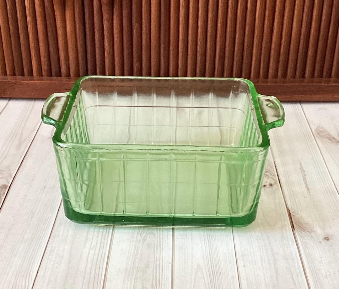 Green Depression Refrigerator Dish, Anchor Hocking, Block Optic, Glass ...