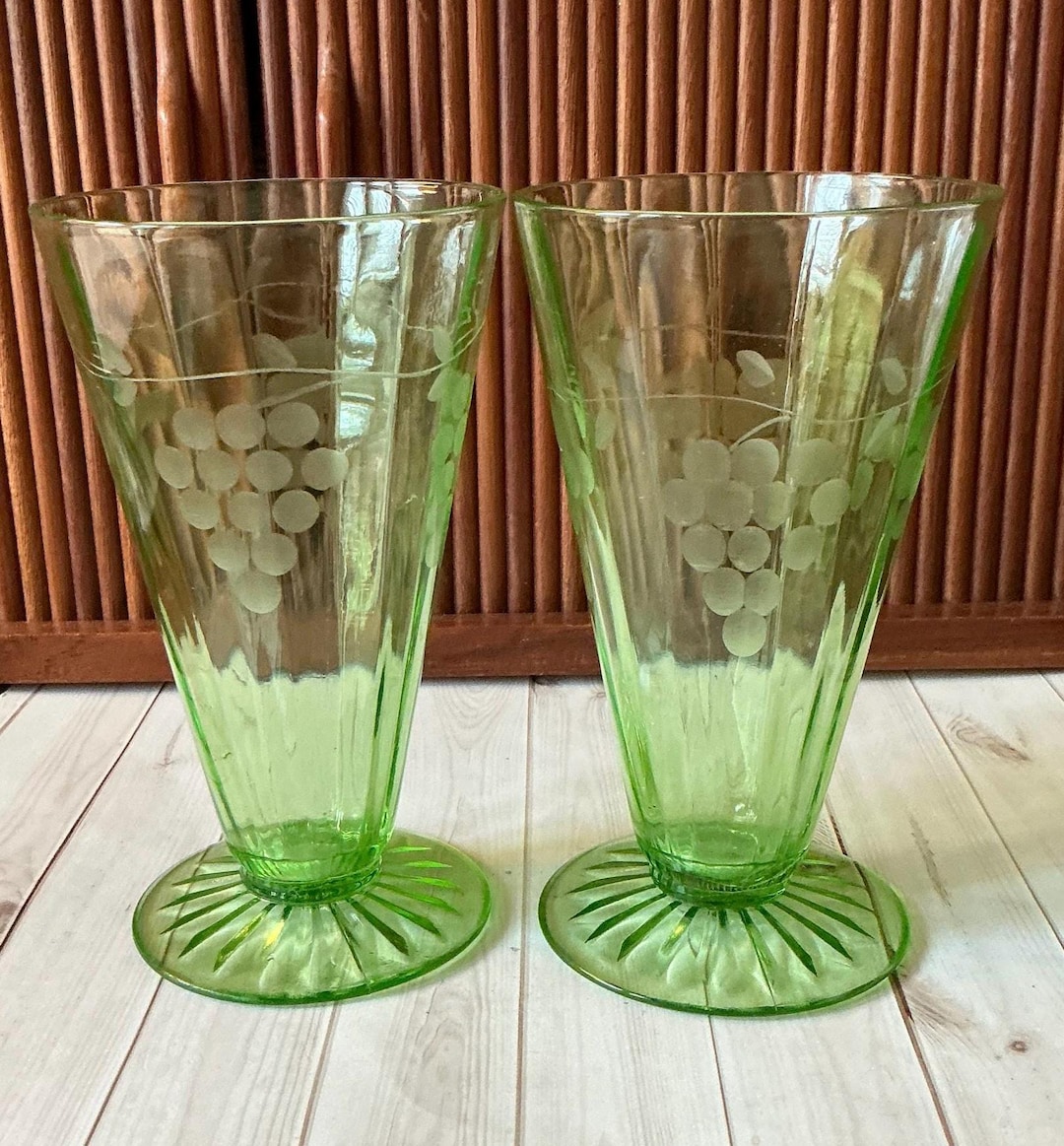 Vintage Green Depression Glasses, Etched Grapes, Milk Shake Glasses ...