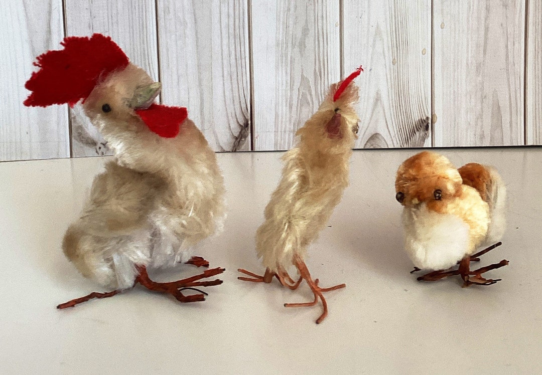 Vintage Cotton Batting Chickens, Chenille, Wire Feet Chicks, Rooster ...