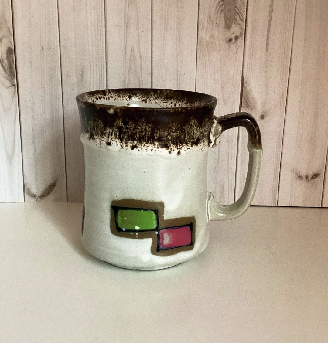 Vintage Stoneware Abstract Mug, Otagiri Style, Drip Glaze, Rectangles ...