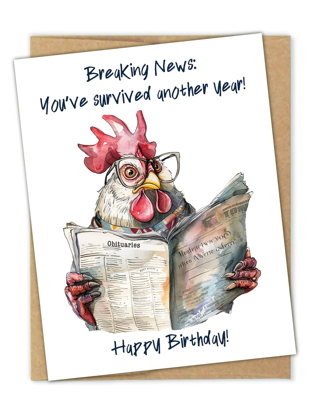 Funny Chicken Happy Birthday Card, Blank Greeting Card, Rooster Reading ...