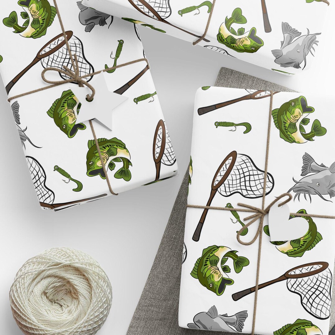 Fly Fishing Lures Fish Net Gift Wrap Paper, Fisherman Gift Wrapping ...