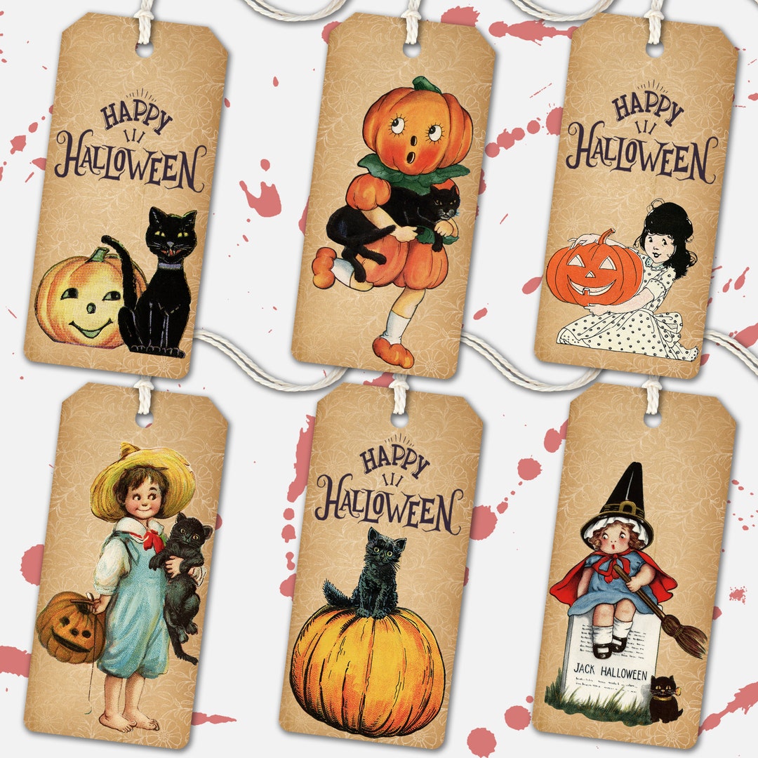 Vintage Halloween Favor Tags, Halloween Treat Bags Printed Tags, Cute ...