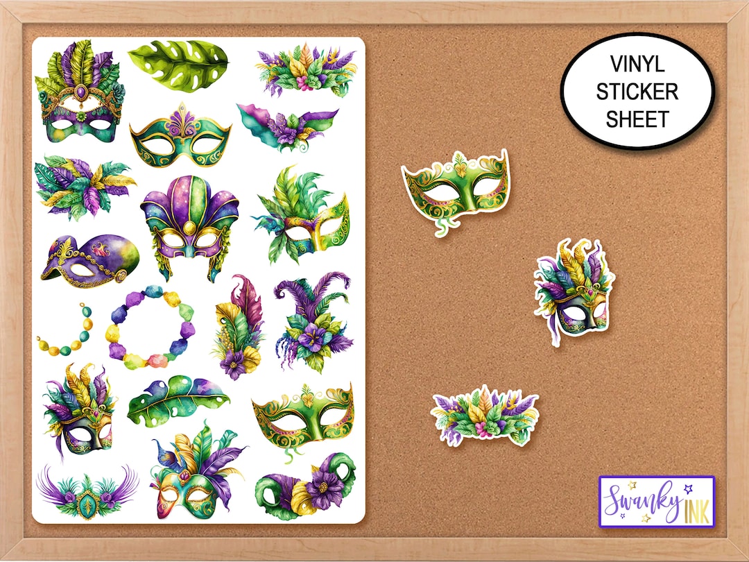 Mardi Gras Mask Sticker Sheet, Mardi Gras Party Favor Stickers, Laptop ...