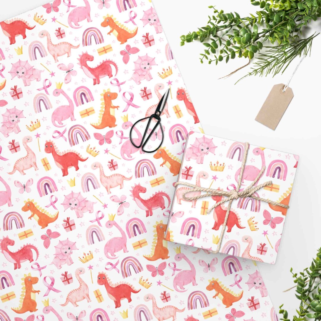 Girl Dinosaur Pink Breast Cancer Ribbon Gift Wrap Paper, Pink Wrapping ...