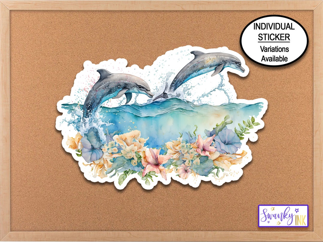 Dolphins Marine Life Sticker, Tropical Flowers, Water Bottle Sticker ...