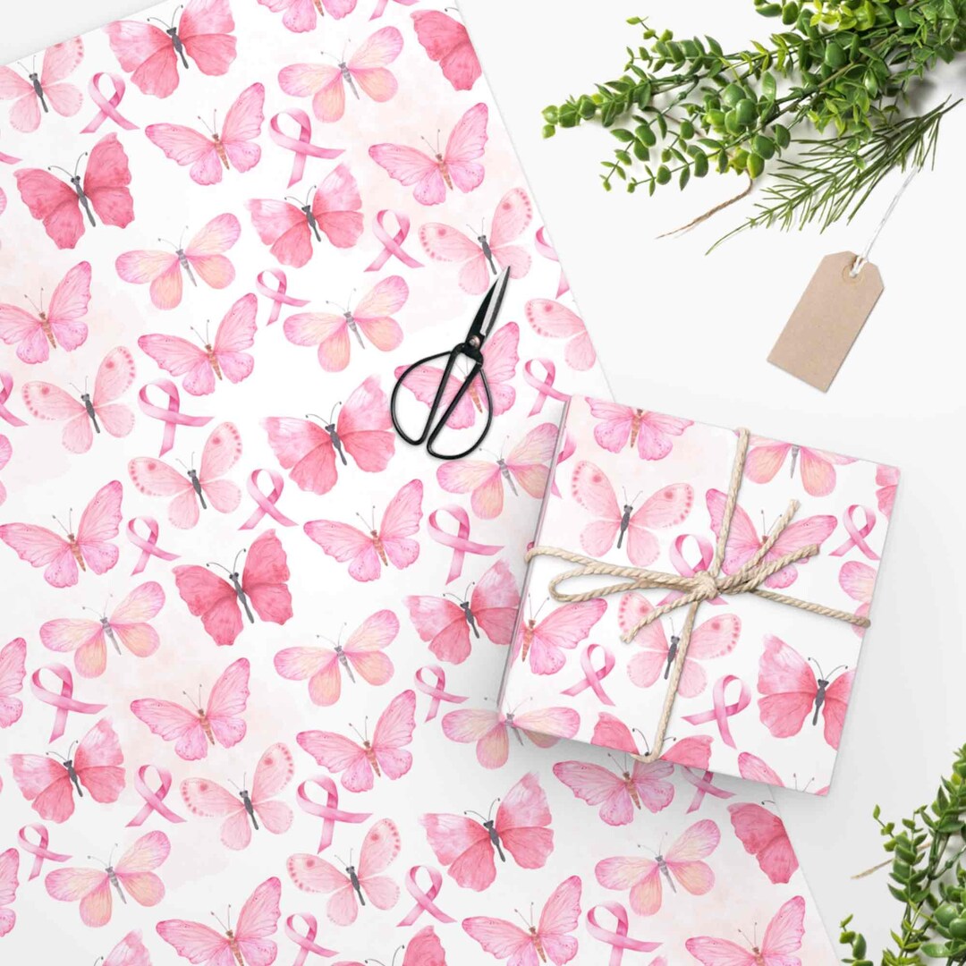 Pink Butterfly Breast Cancer Ribbon Gift Wrap Paper, Pink Wrapping ...
