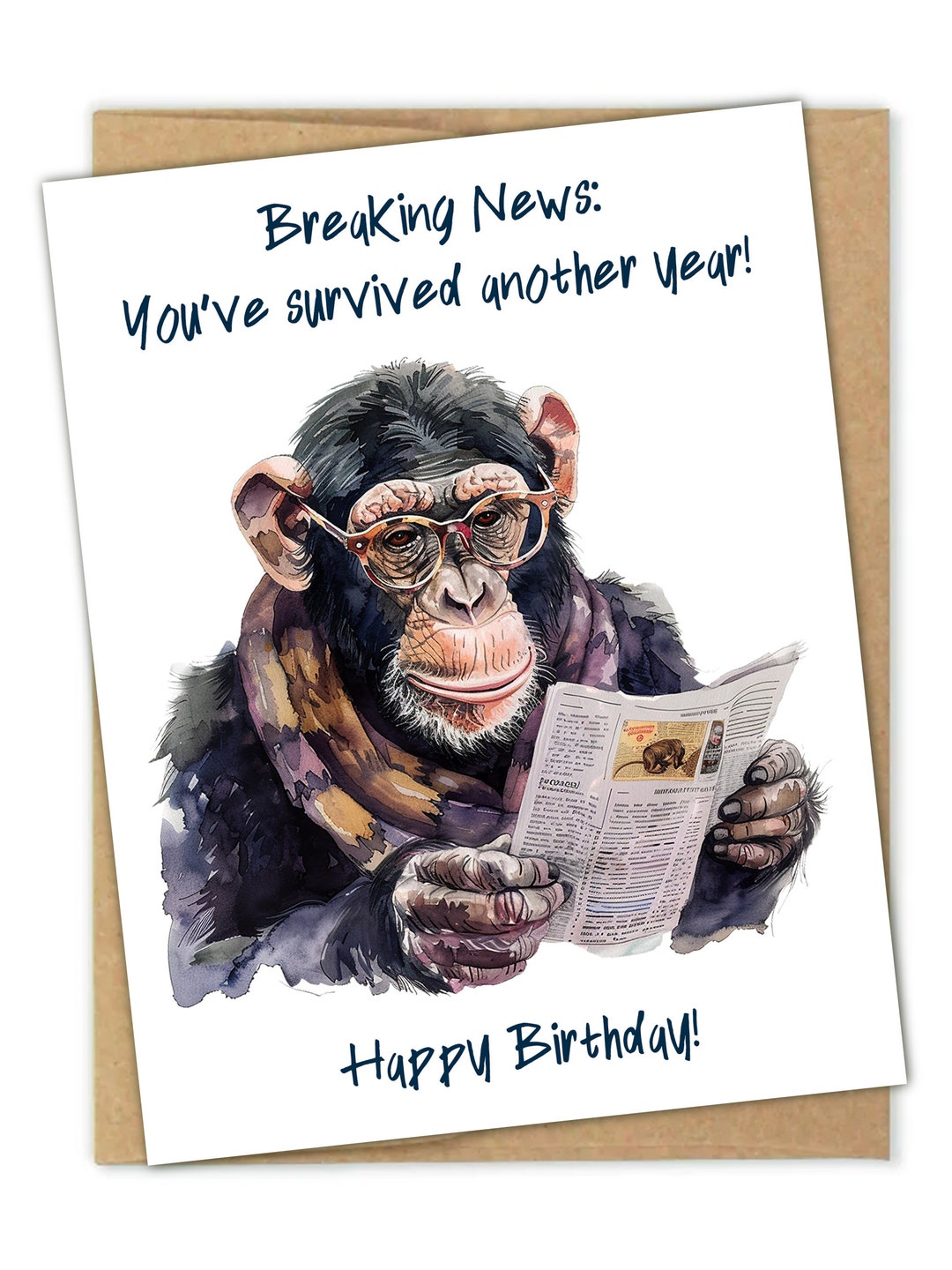 Monkey Happy Birthday Card, Chimp Greeting Card, Chimpanzee Reading ...