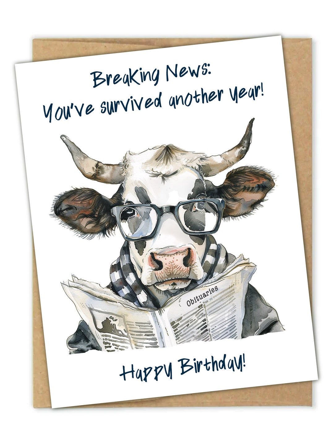 Cow in Glasses Happy Birthday Card, Blank Greeting Card, Heifer Reading ...