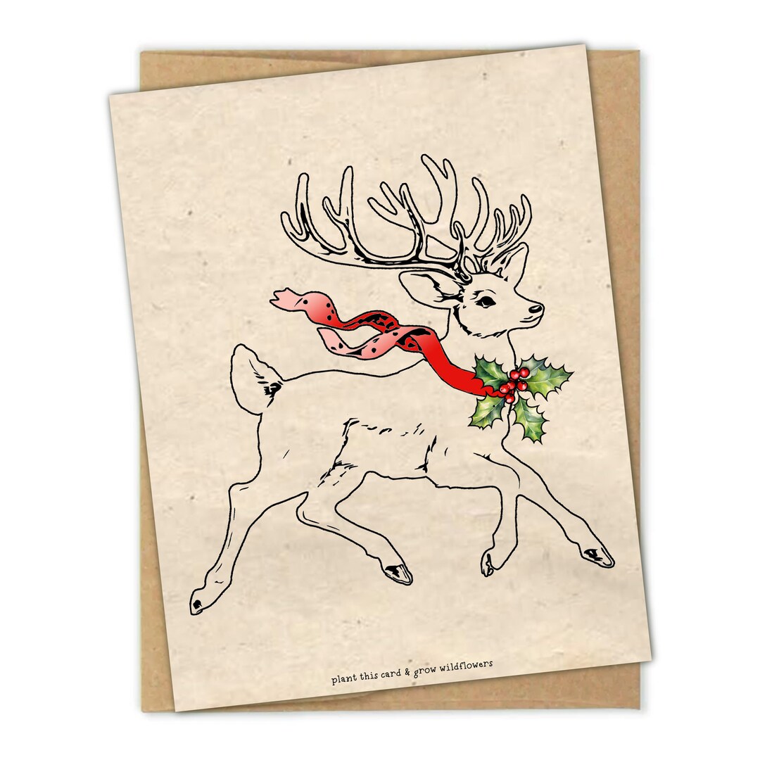 Plantable Paper Reindeer Holly Ribbon Christmas Card, Eco Friendly ...