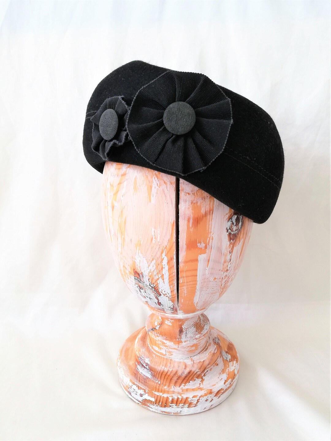 Vintage Black Wool Pillbox Hat: Floral Embellished Beret, Made in Italy ...