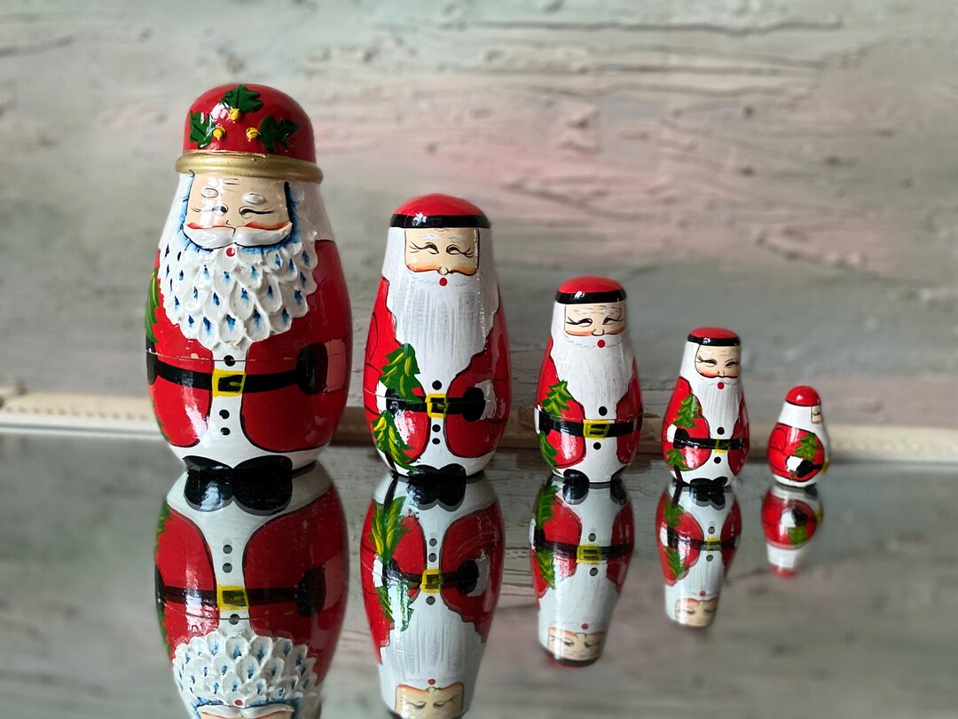 Vintage Nesting Santa Claus Set of 5 Christmas Nesting Doll Wooden Hand ...