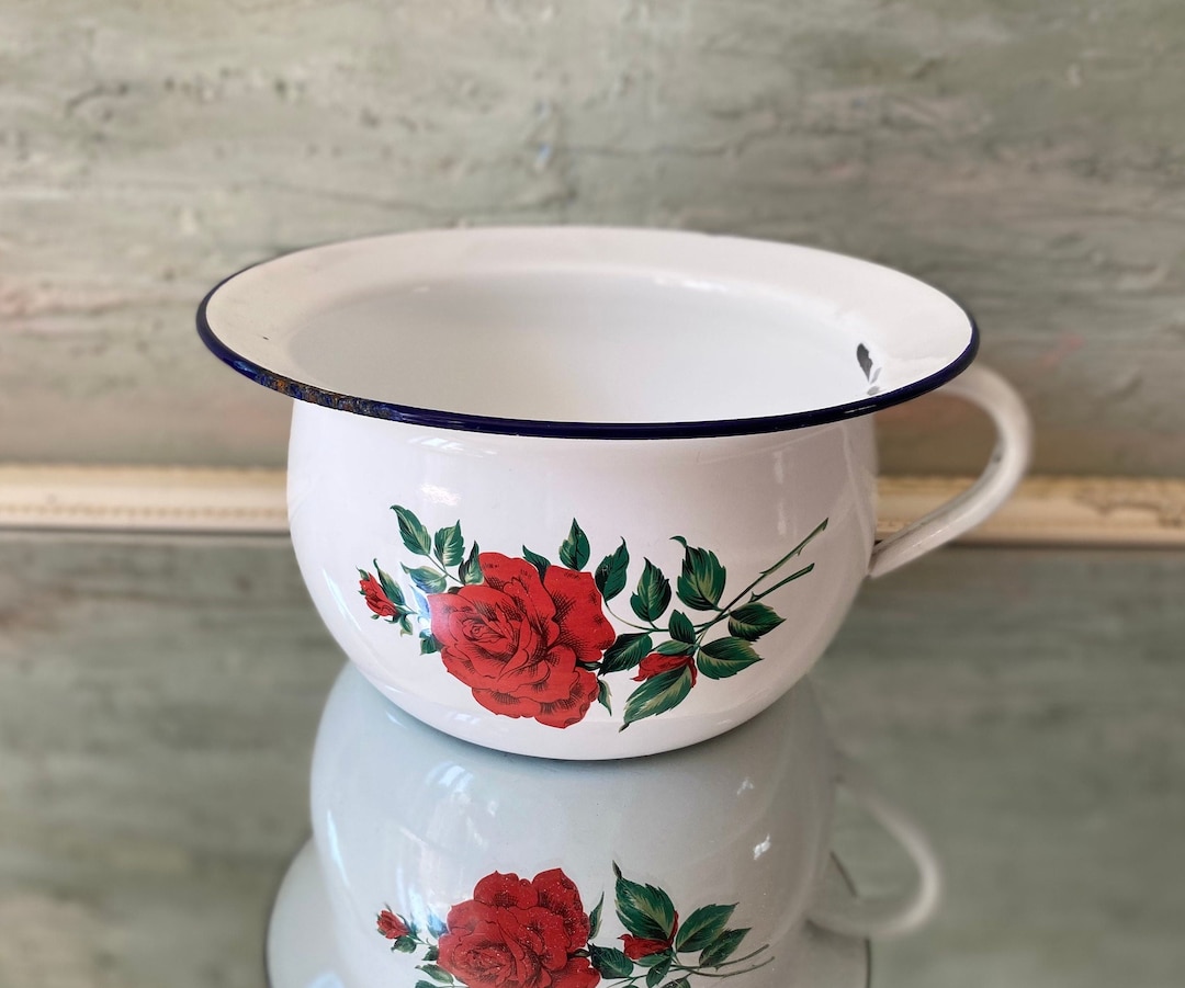 Vintage White Floral Night Pot Red Rose Enameled Chamber Pot With ...