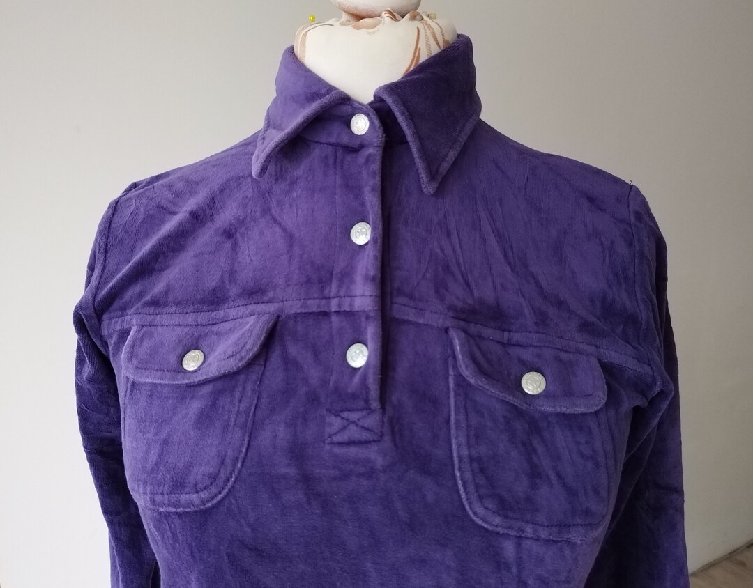 Vintage Purple Velvet Polo Shirt Soft Long Sleeve Velvet Collared Top ...