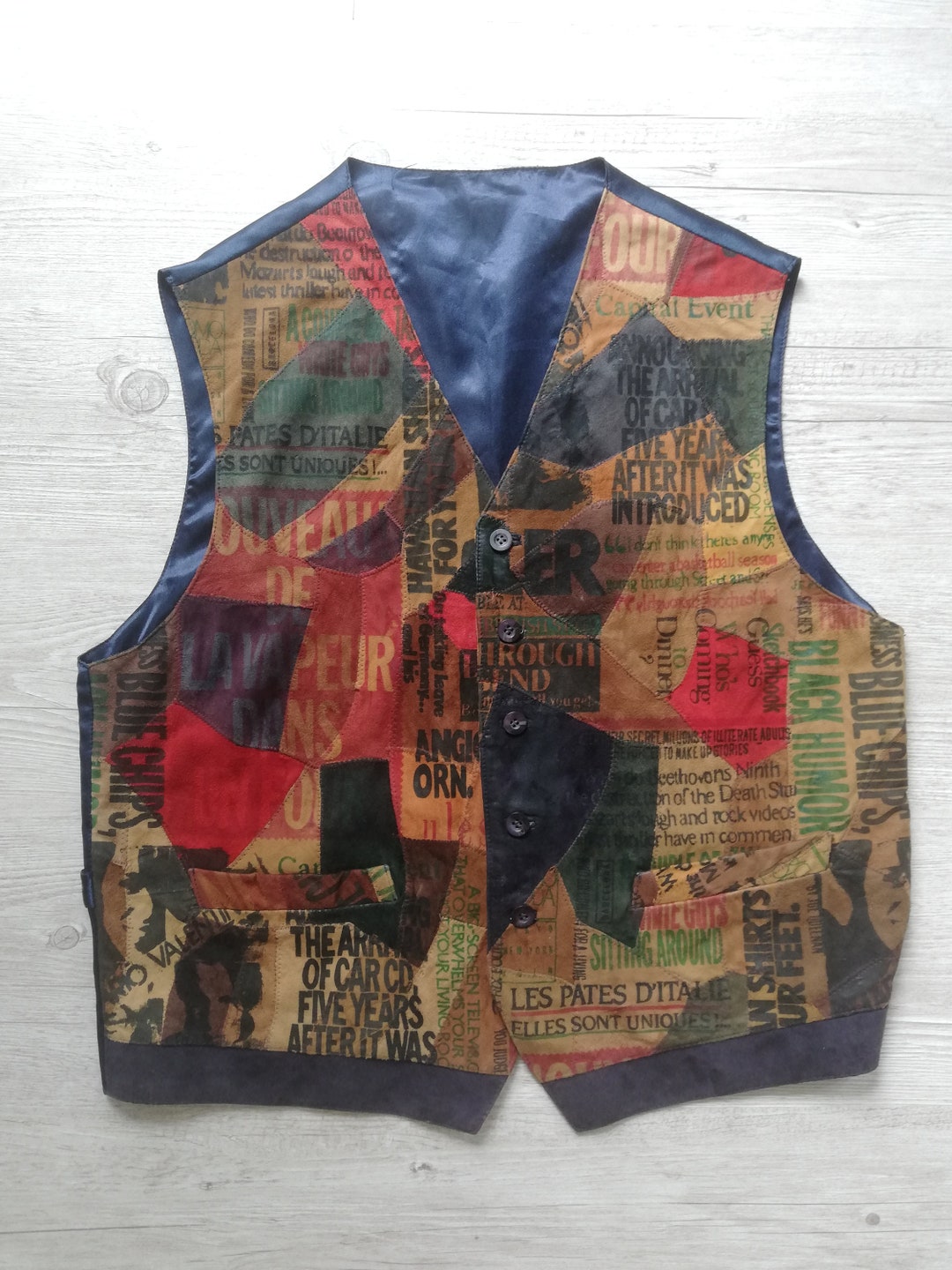 Vintage Boho Vest Men Patchwork Vest Suede Leather Vest Men Printed ...