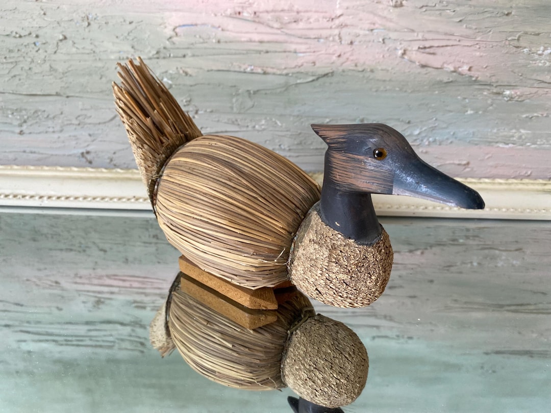 Vintage Straw Duck Figurine: Carved Wood, Cottagecore Decor - Etsy