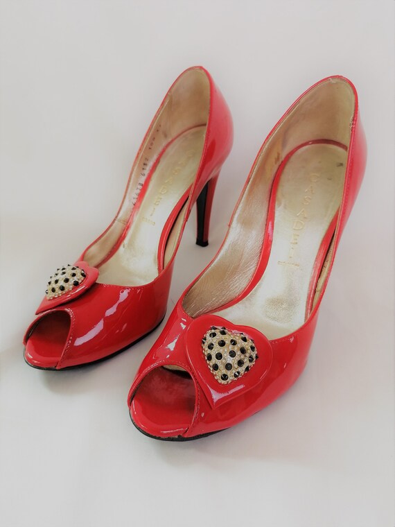 Vintage Red Leather Peep Toe Pumps Casadei Patent Lea… - Gem