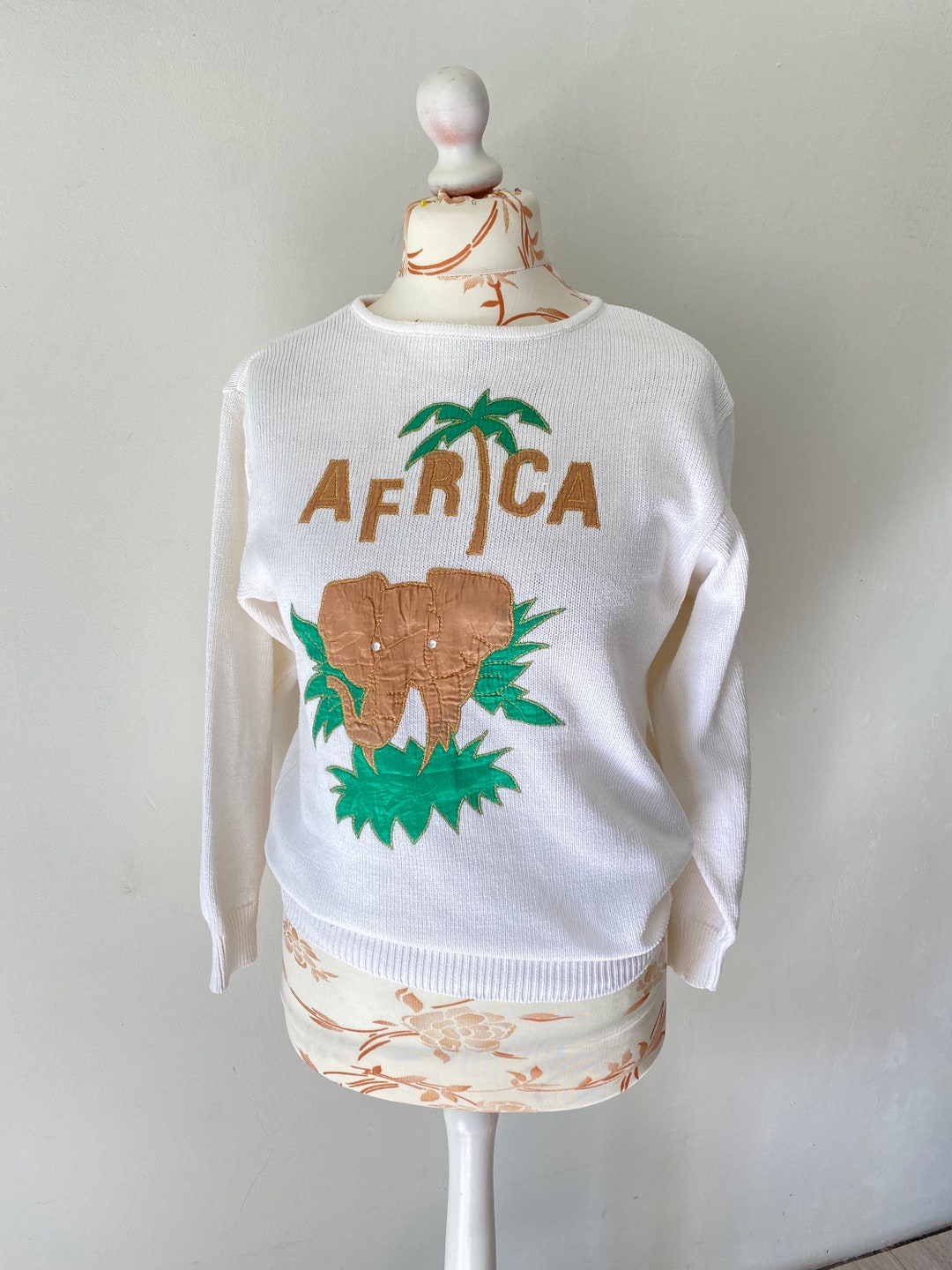 Vintage Embroidered Cotton Knit Sweater: Africa Theme, Made in France ...