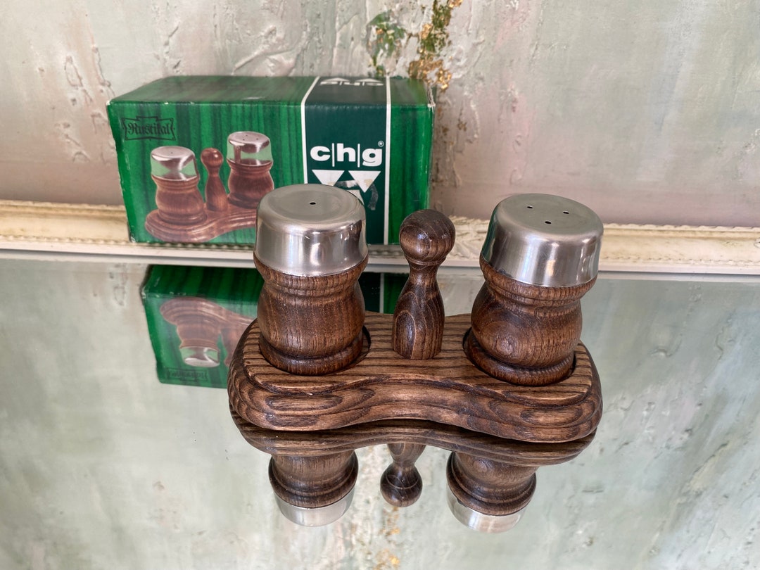 Vintage Salt and Pepper Cruet Set With Stand Rustic Style Brown Wood ...