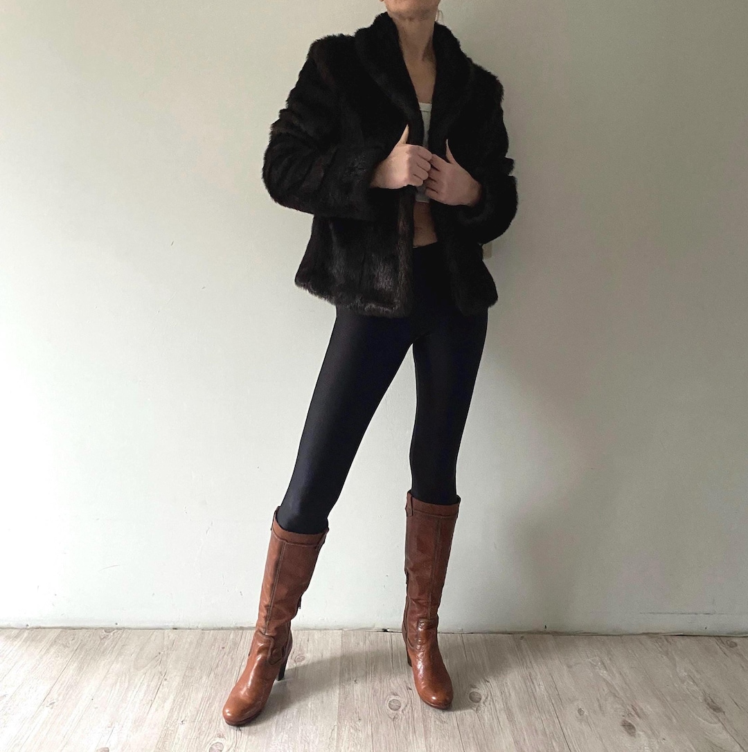 Vintage Faux Fur Jacket Dark Brown Faux Mink Fur Coat Women Glossy Fur ...