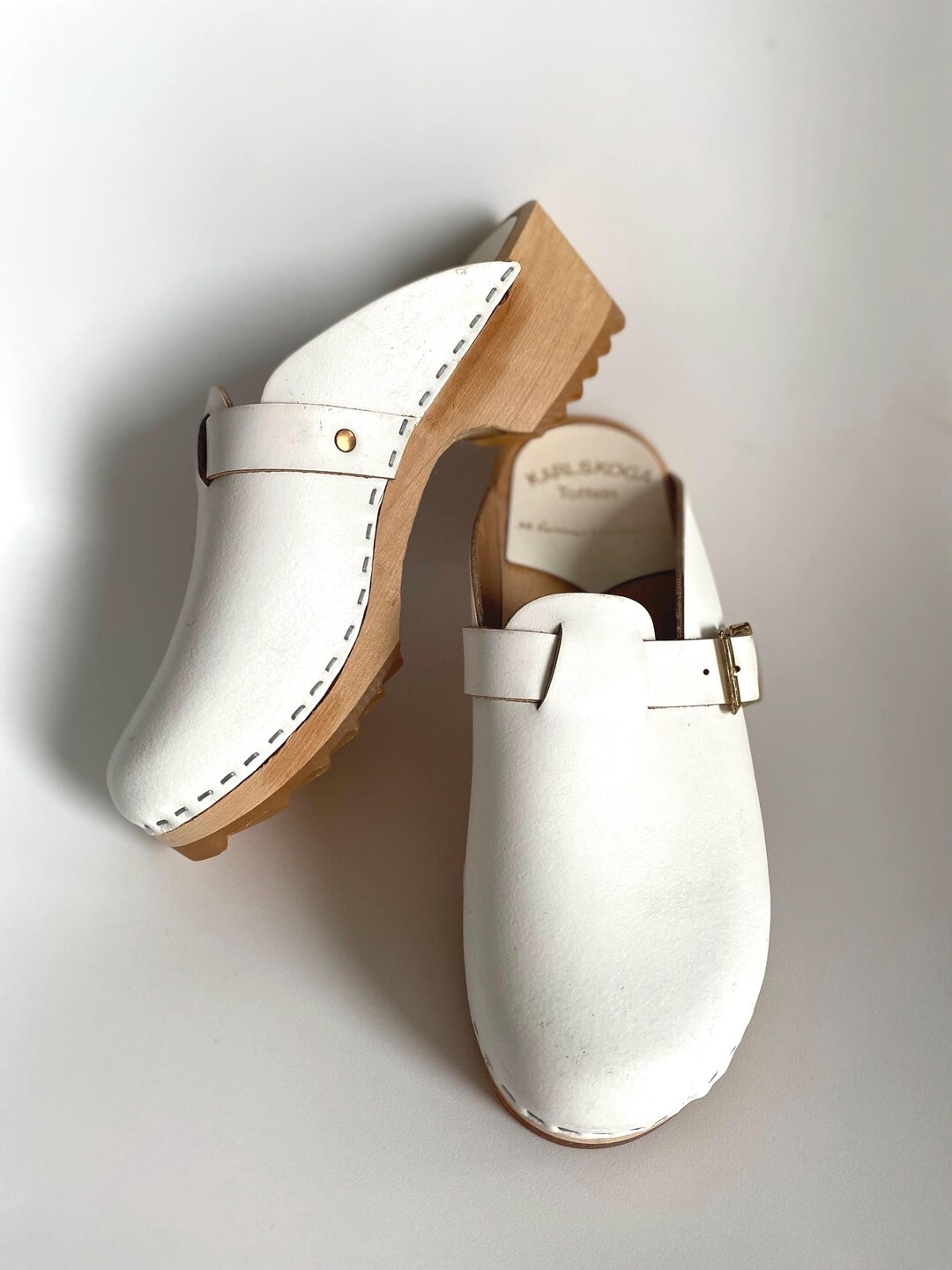 Vintage White Leather Clogs With Heels Wood Platform Genuine Leather ...