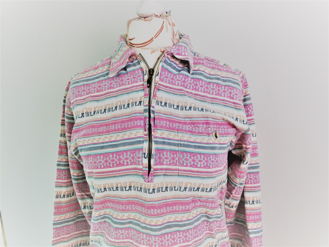 Vintage Southwestern Boho Polo Shirt Faded Half Zip Faded Cotton Collar ...
